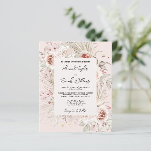 Budget PInk Floral Boho Rustic Wedding Invitation | Zazzle