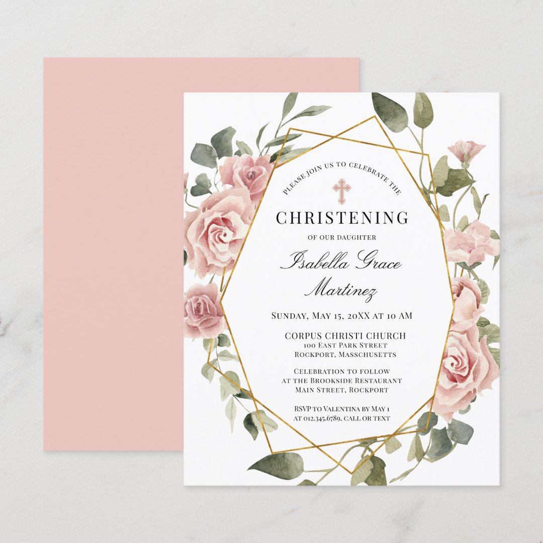 Budget Pink Floral Cross Christening Invitation | Zazzle