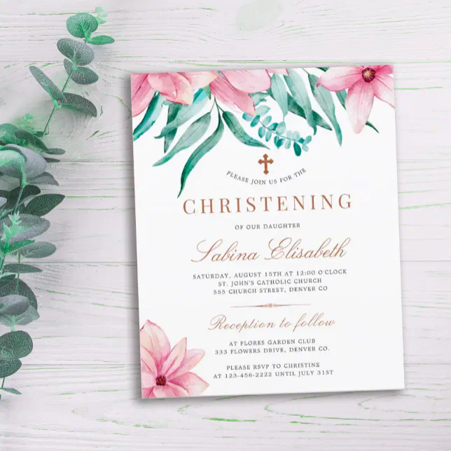 Budget pink floral elegant christening invitation | Zazzle