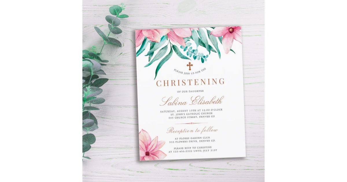 Budget pink floral elegant christening invitation | Zazzle