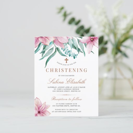 Budget pink floral elegant christening invitation | Zazzle