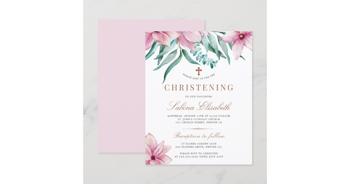 Budget pink floral elegant christening invitation | Zazzle