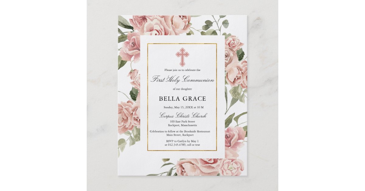 Budget Pink Floral First Holy Communion Invitation Flyer | Zazzle