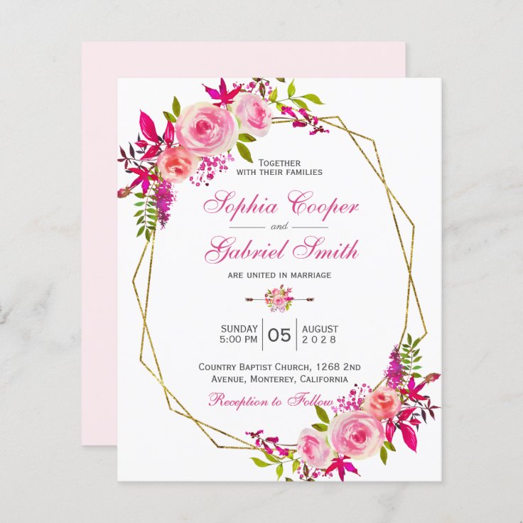 Budget Pink Floral Gold Frame Wedding Invitation Zazzle