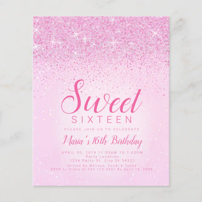 Budget Pink Glitter, Sweet 16 Invitations | Zazzle