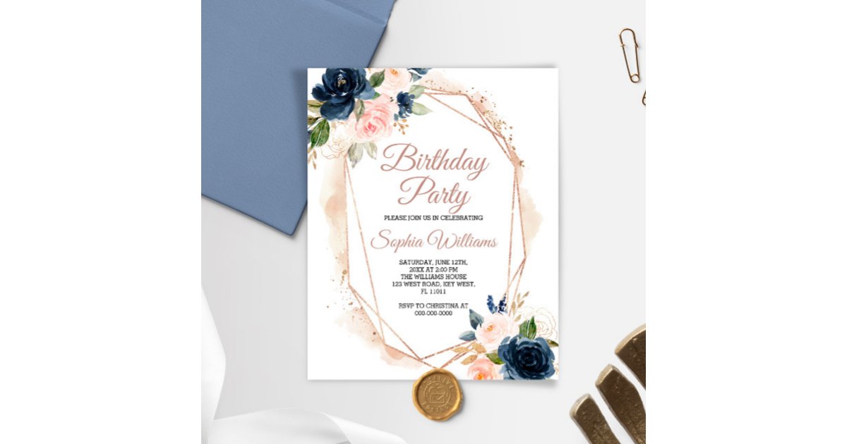 Budget Pink, Navy & Gold Birthday Party Invitation | Zazzle