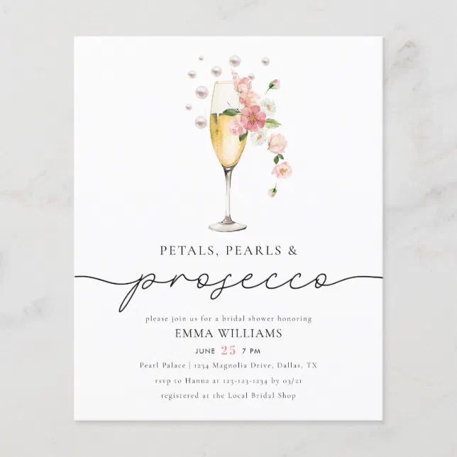 BUDGET Pink Petals Pearls & Prosecco Bridal Shower Flyer | Zazzle