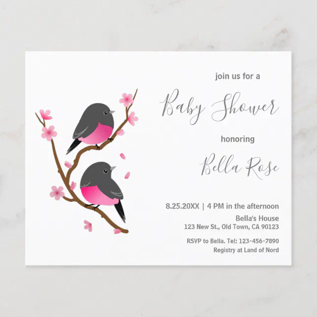 Budget Pink Robin Bird Baby Shower Invitation | Zazzle
