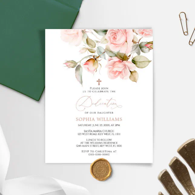 Budget Pink Rose & Greenery Dedication Invitation | Zazzle