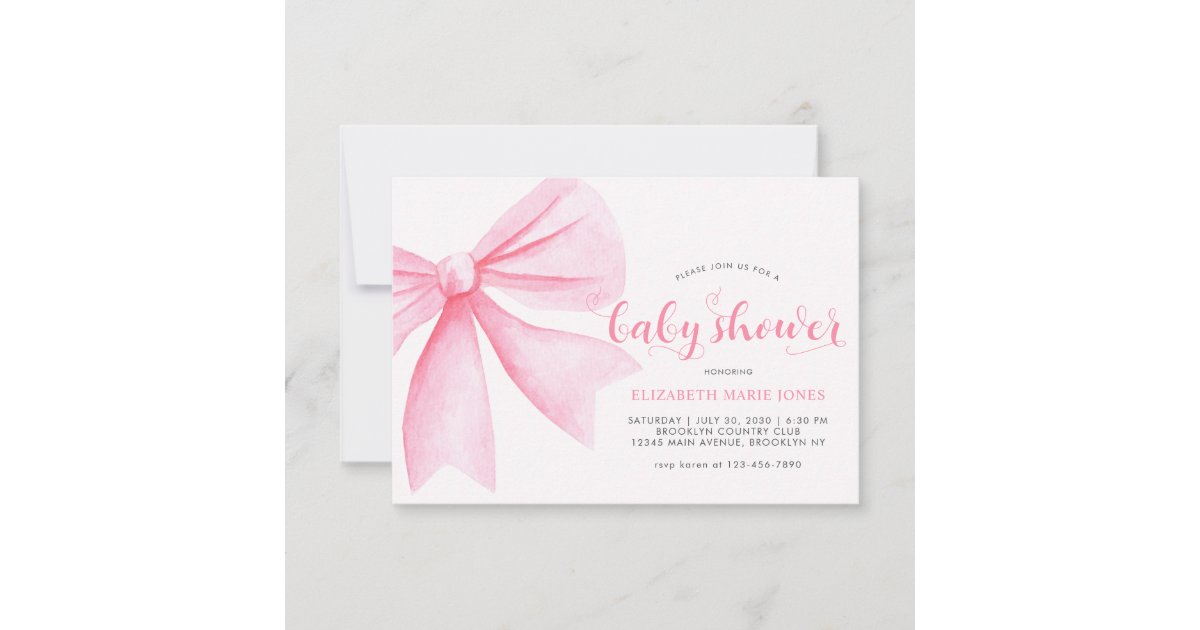 Budget Pink Watercolor Bow Ribbon Girl Baby Shower Note Card | Zazzle