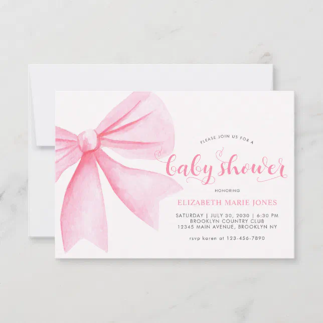 Budget Pink Watercolor Bow Ribbon Girl Baby Shower Note Card | Zazzle