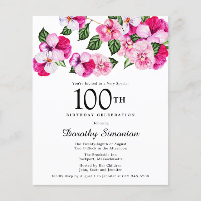 Budget Pink White Floral 100th Birthday Invitation | Zazzle