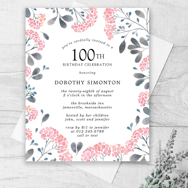 Budget Pink Wildflower 100th Birthday Invitation | Zazzle