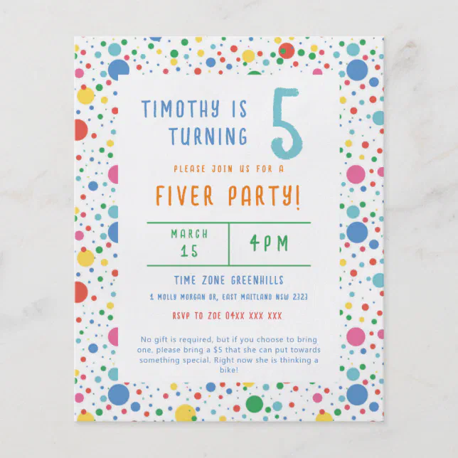 Budget Pokadot Fiver Party Birthday Invitation Flyer | Zazzle