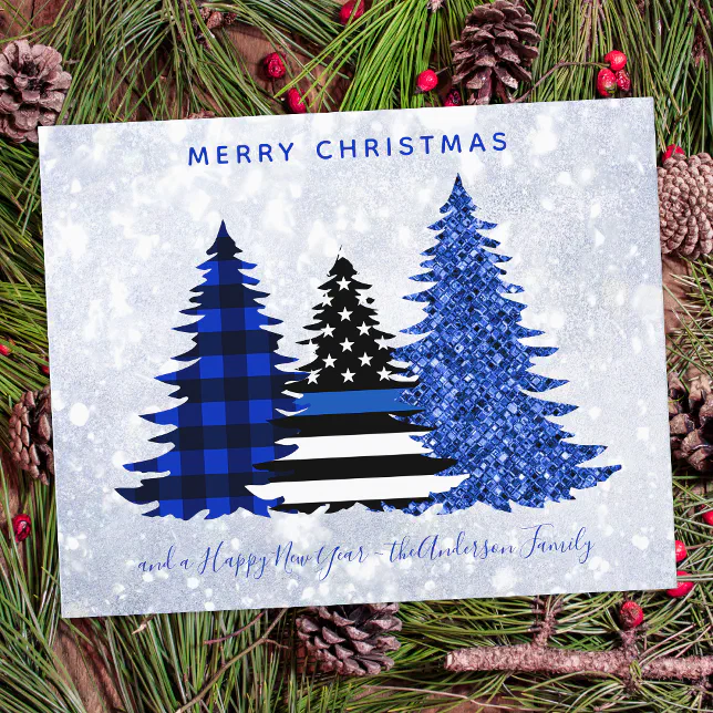 Budget Police Christmas Blue Line Plaid Glitter | Zazzle