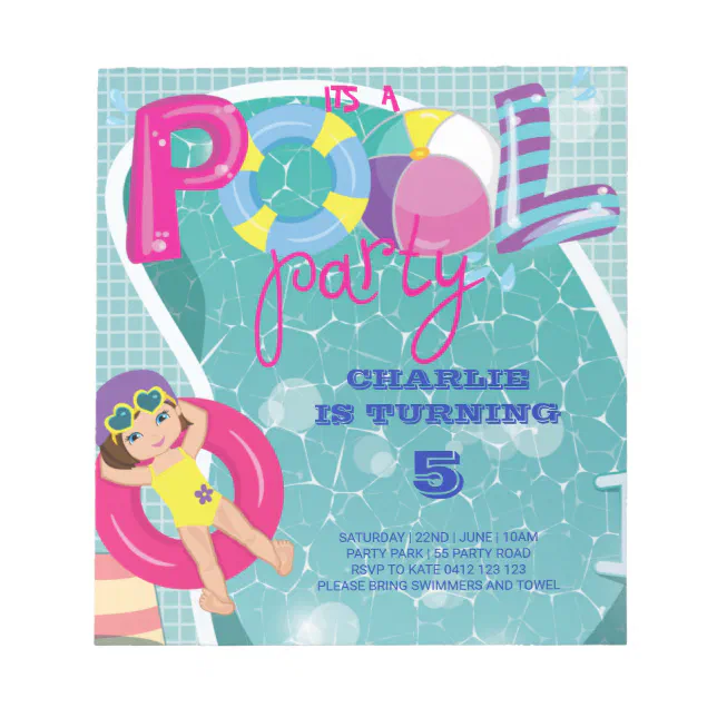 BUDGET Pool Party Kids Birthday Invitation Notepad | Zazzle