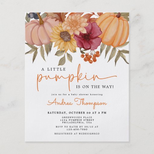 Budget Pumpkin Autumn Flower Pumpkin Baby Shower Flyer | Zazzle