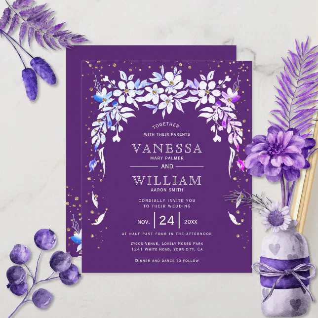 BUDGET purple floral wedding invitation | Zazzle