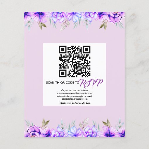BUDGET purple flowers QR code wedding invitation | Zazzle