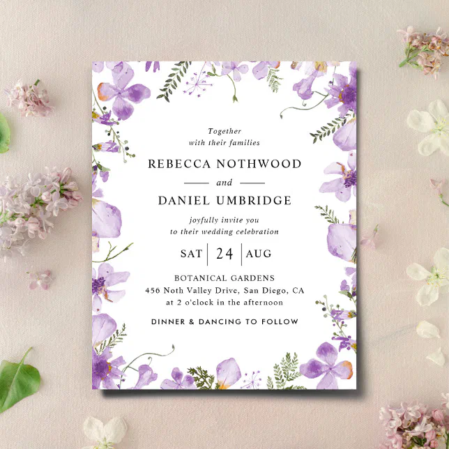 Budget Purple Flowers Simple Wedding Invitation | Zazzle