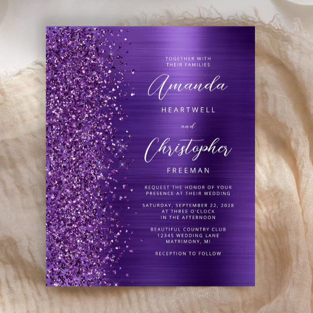 Budget Purple Glam Glitter Wedding Invitation | Zazzle