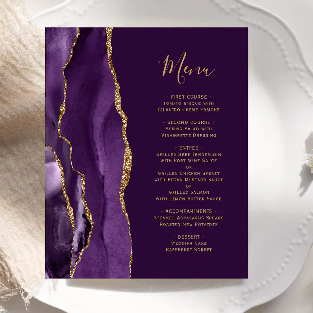Budget Purple Gold Agate Plum Wedding Menu | Zazzle