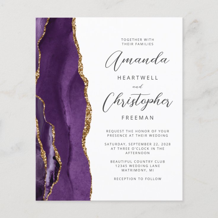 Budget Purple Gold Agate Script Wedding Invitation | Zazzle