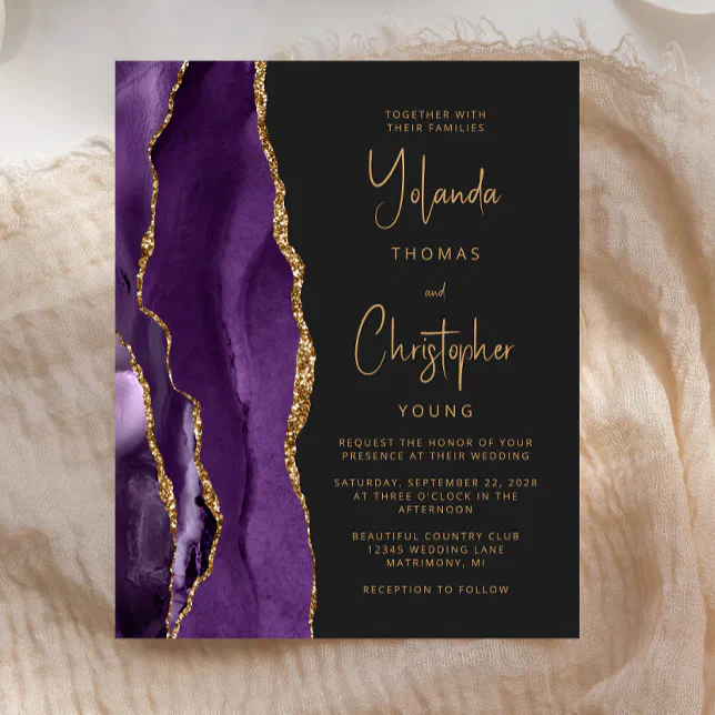 Budget Purple Gold Agate Trendy Wedding Invitation | Zazzle