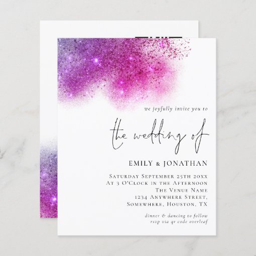 Budget Purple PInk Sparkle QR Code Wedding Invite | Zazzle