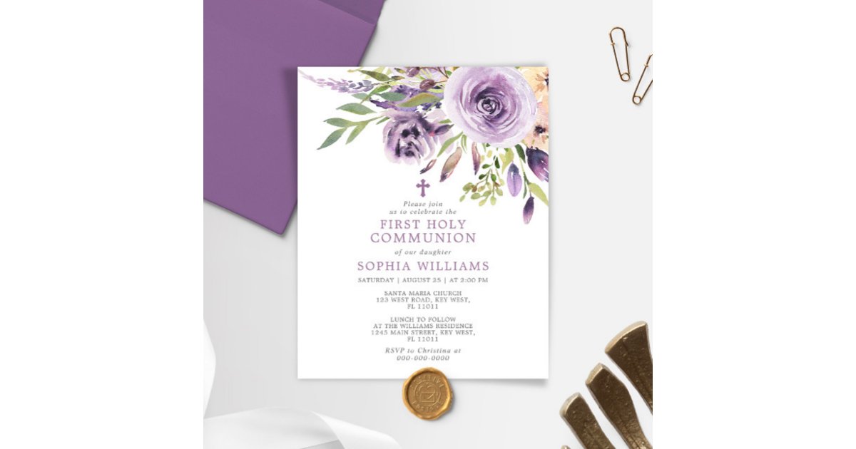 Budget Purple Rose First Holy Communion Invitation | Zazzle