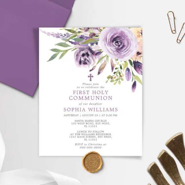 Budget Purple Rose First Holy Communion Invitation | Zazzle