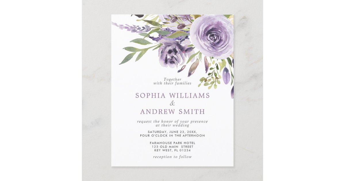 Budget Purple Rose Floral Wedding Invitation | Zazzle