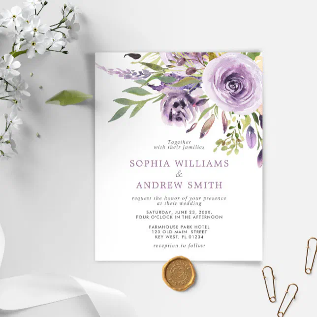 Budget Purple Rose Floral Wedding Invitation | Zazzle
