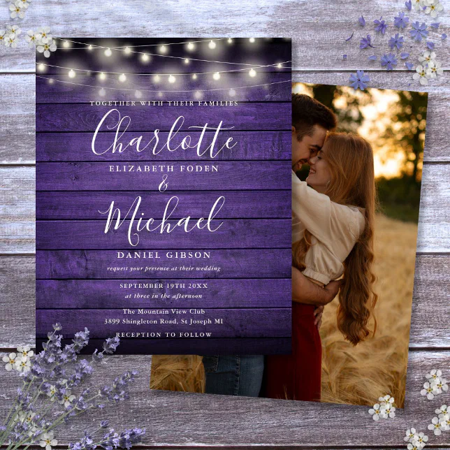 Budget Purple Rustic Lights Photo Wedding Invite | Zazzle