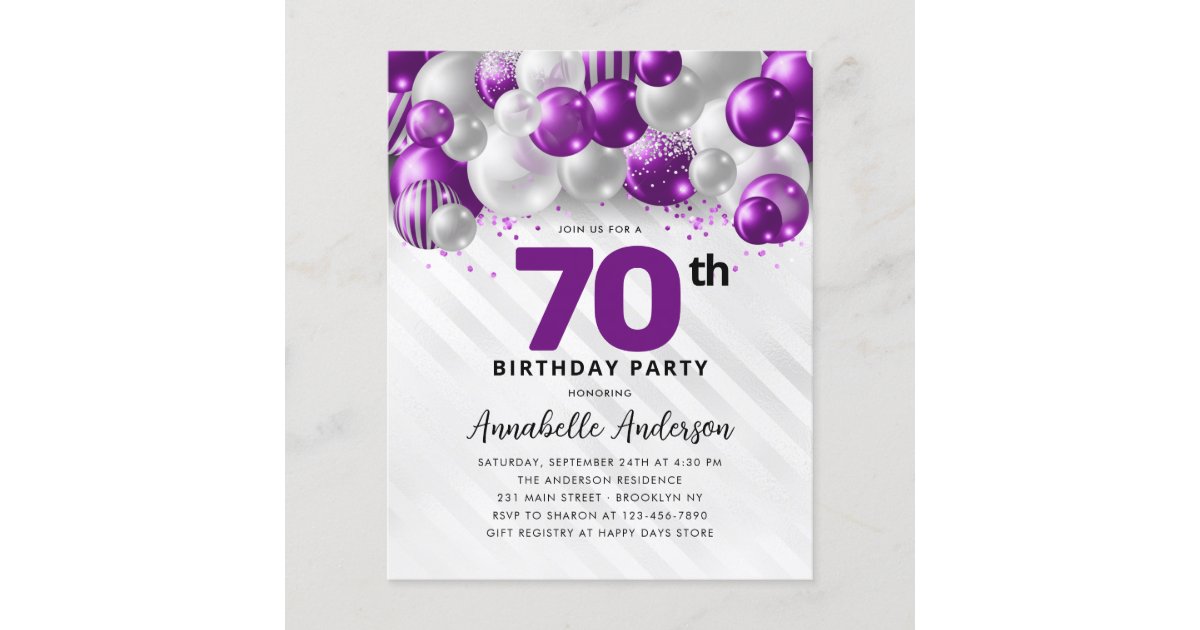 Budget Purple Silver Balloon Glitter 70th Birthday | Zazzle