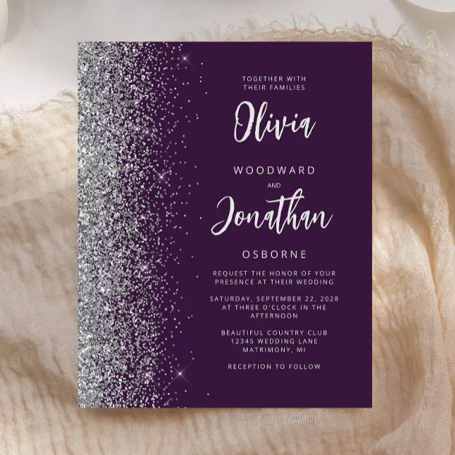Budget Purple Silver Calligraphy Wedding Invite | Zazzle