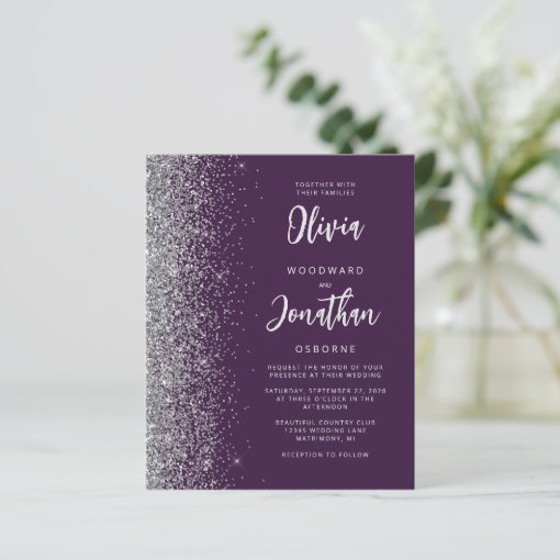 Budget Purple Silver Calligraphy Wedding Invite | Zazzle