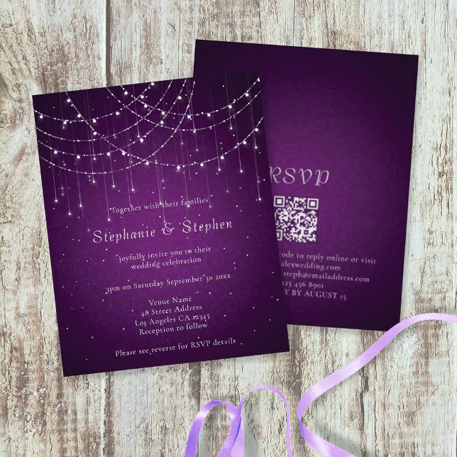 Budget Purple String Lights QR Code Wedding Invite | Zazzle