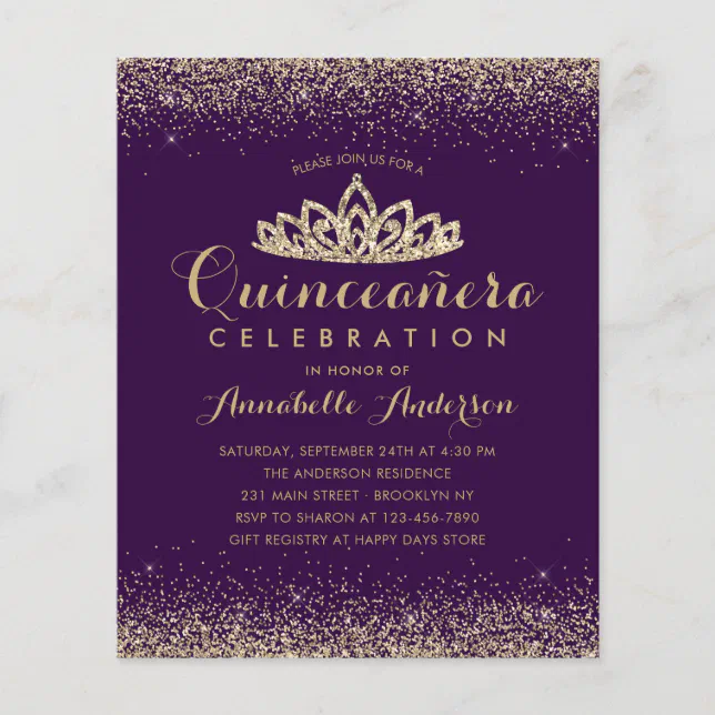 Budget Purple Violet Gold Quinceañera Tiara Invite | Zazzle