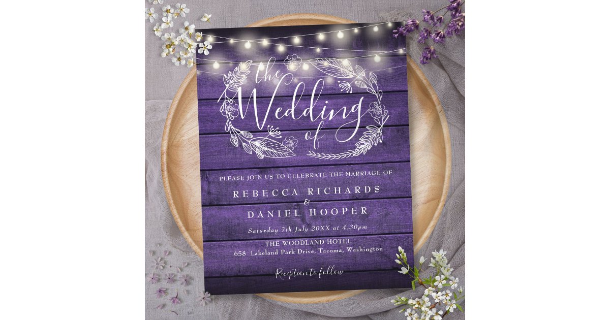 Budget Purple Wood String Light Wedding Invitation | Zazzle