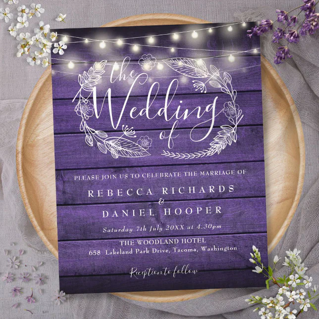 Budget Purple Wood String Light Wedding Invitation | Zazzle