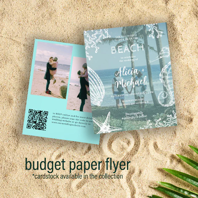 Budget QR CODE 3 photo summer beach wedding Flyer | Zazzle