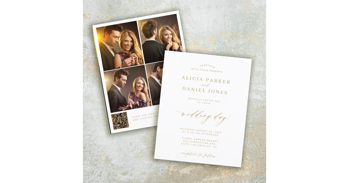 Budget QR code 4 photo collage wedding invitation | Zazzle