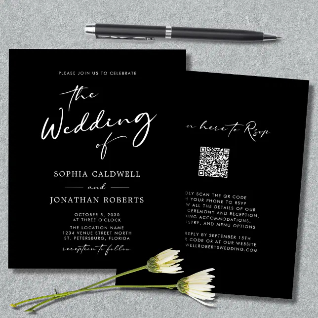 Budget QR Code Calligraphy Black and White Wedding Flyer | Zazzle