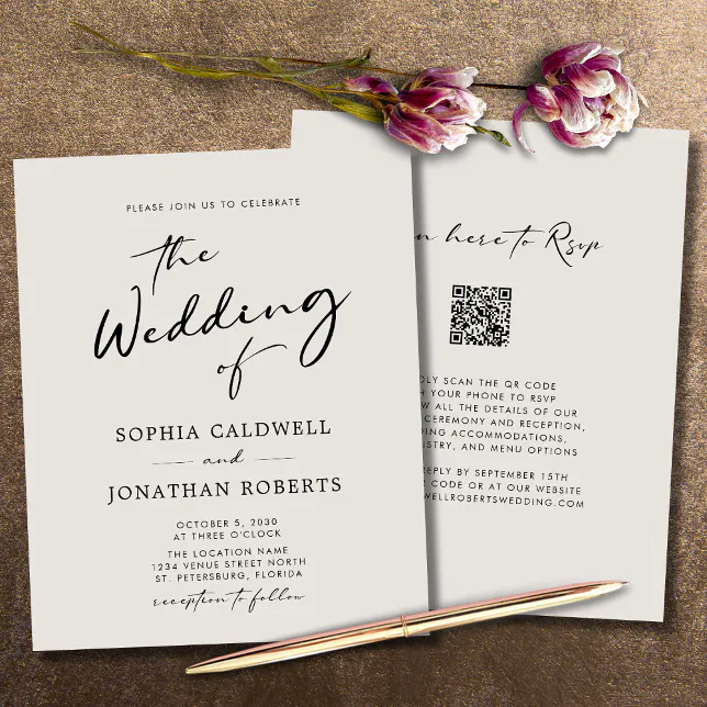 Budget QR Code Calligraphy Eggshell Wedding Invite | Zazzle