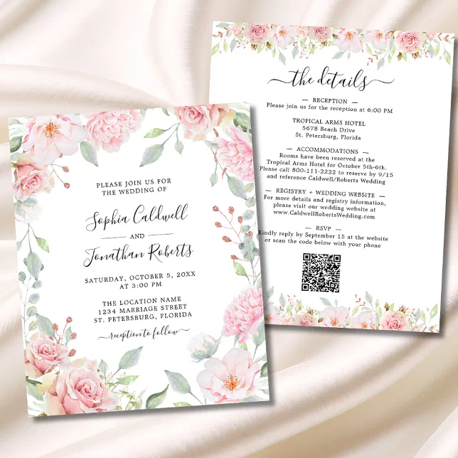 Budget QR Code Details Pink Roses Wedding Invite | Zazzle