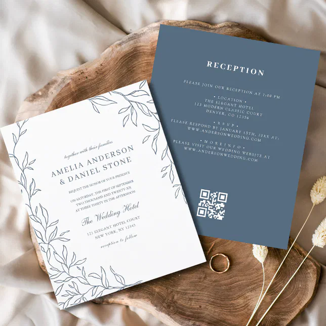 Budget QR Code Dusty Blue Wedding Invitation Flyer | Zazzle