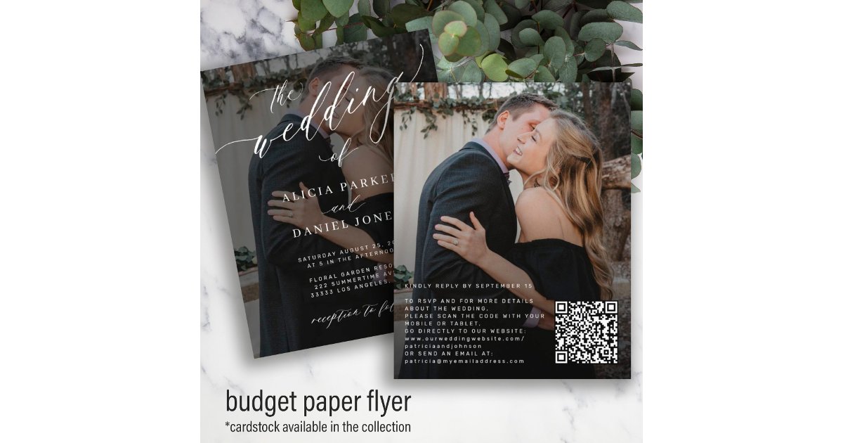 Budget QR CODE elegant 2 photos wedding invitation Flyer | Zazzle