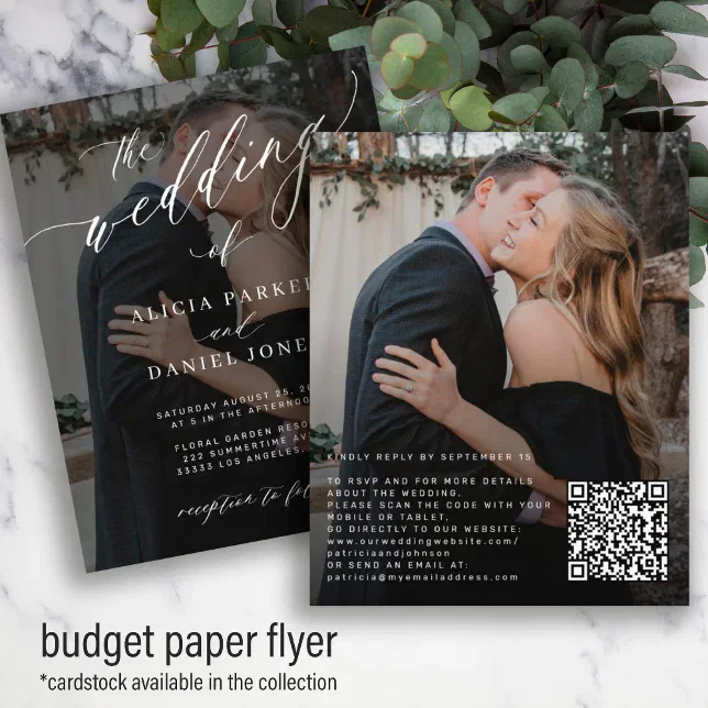 Budget QR CODE elegant 2 photos wedding invitation Flyer | Zazzle