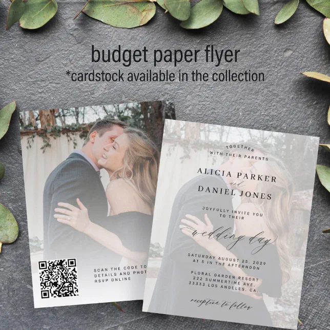Budget QR CODE modern photo wedding invitation Flyer | Zazzle